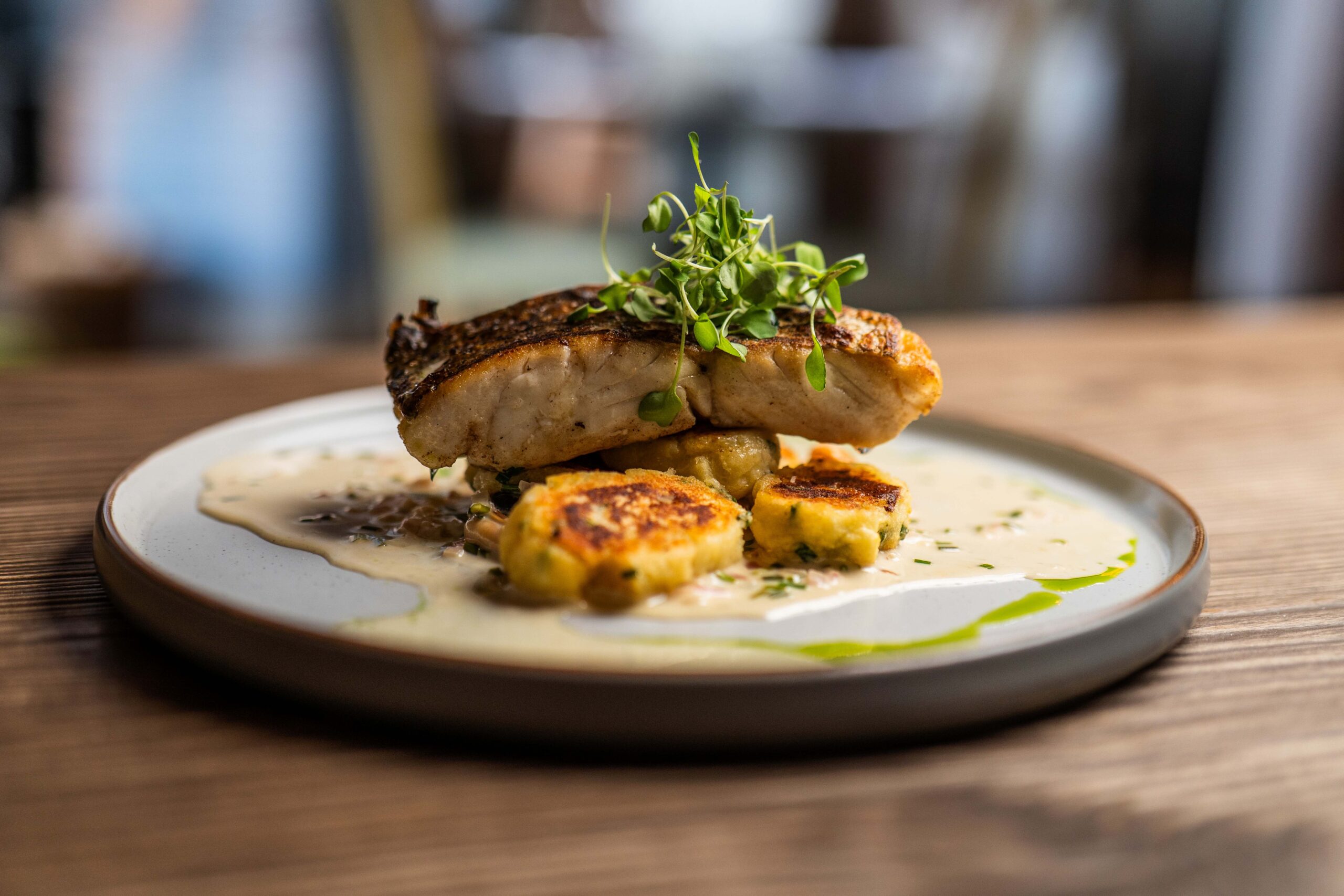 Pan fried Scottish Hake, Chive Gnocchi and Shetland Mussels